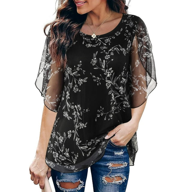 Fantaslook Womens Blouses Floral Ruffle 3/4 Sleeve Flowy Tops Mesh ...