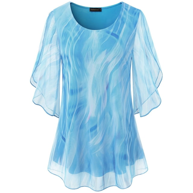 Fantaslook Womens Blouses Floral Ruffle 3/4 Sleeve Flowy Tops Mesh ...