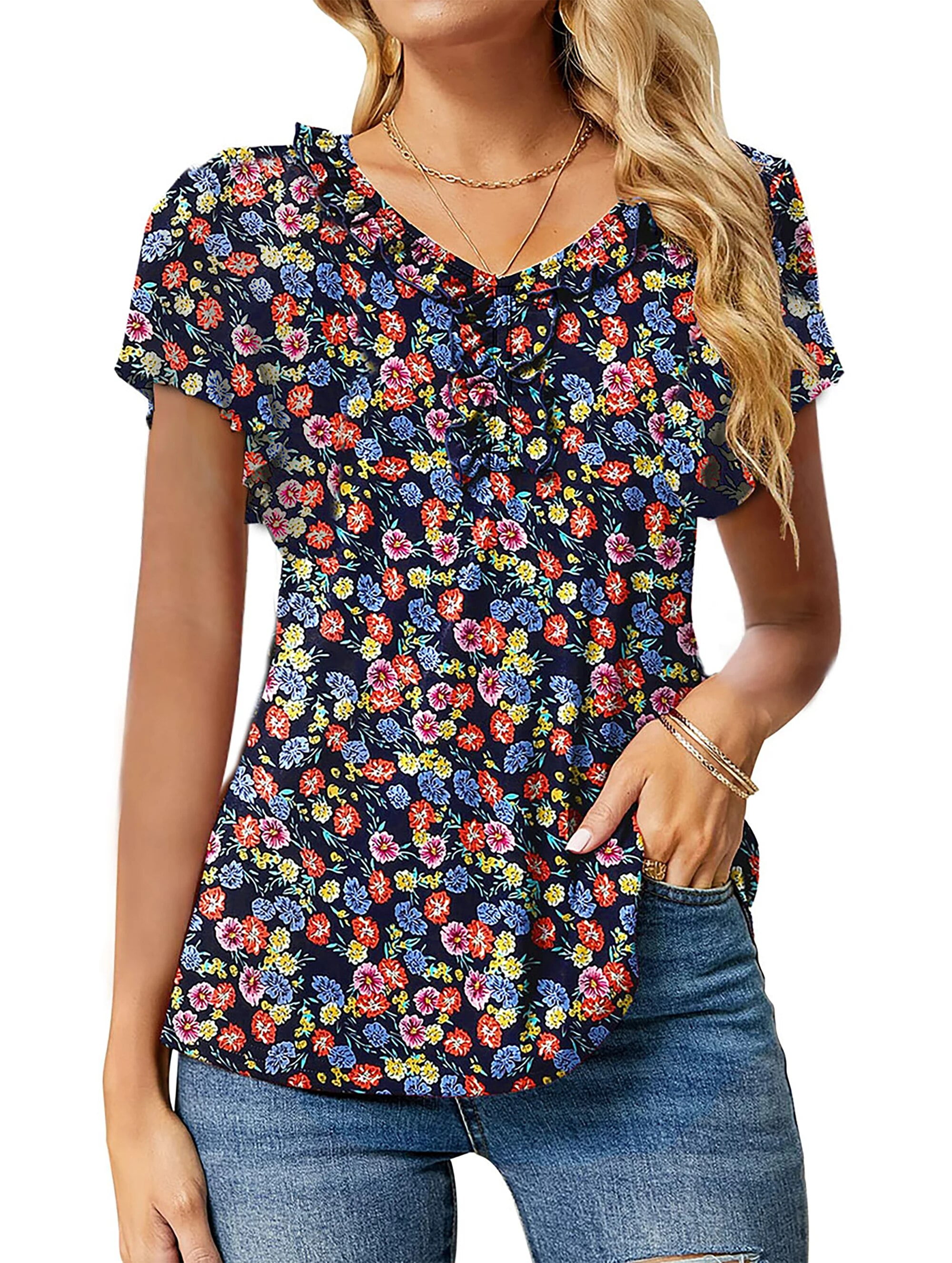 Fantaslook Womens Blouses Floral Ruffle Short Sleeve Tunic Tops Casual ...