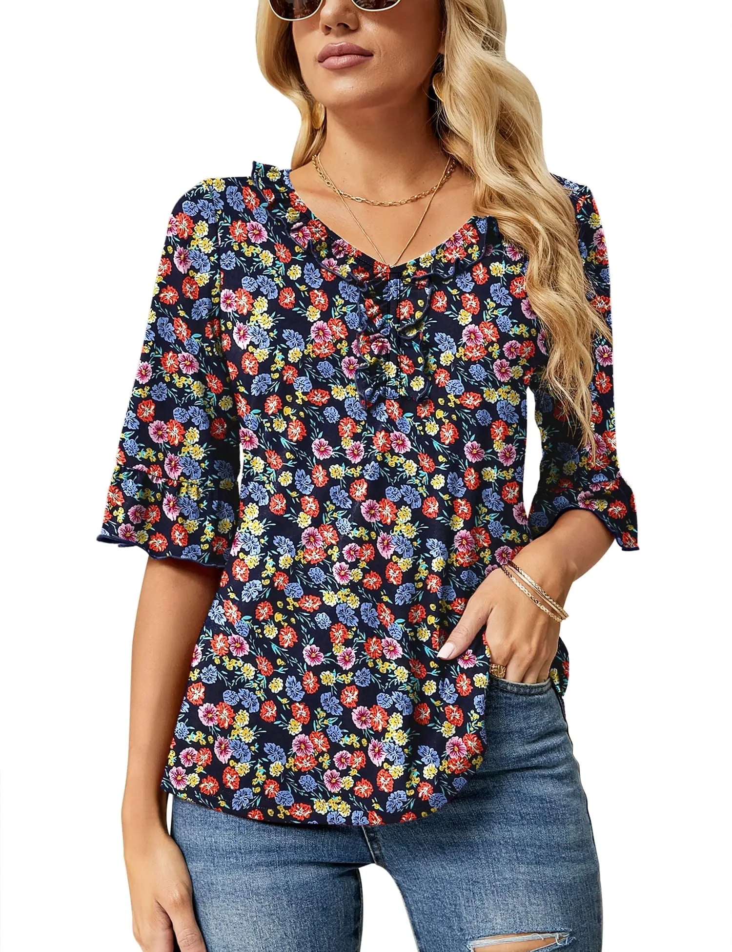 Fantaslook Womens Blouses Floral Ruffle Short Sleeve Tunic Tops Casual ...
