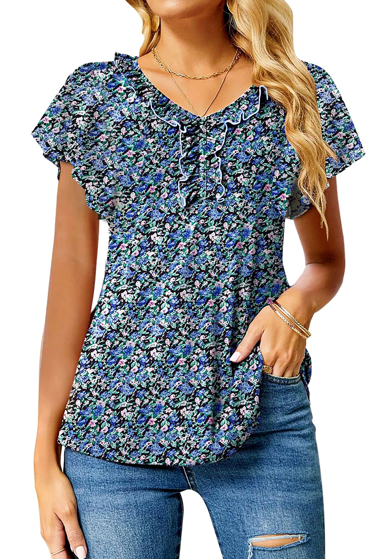 Fantaslook Elegant Women's Floral Ruffle Tunic Tops, V Neck Summer ...