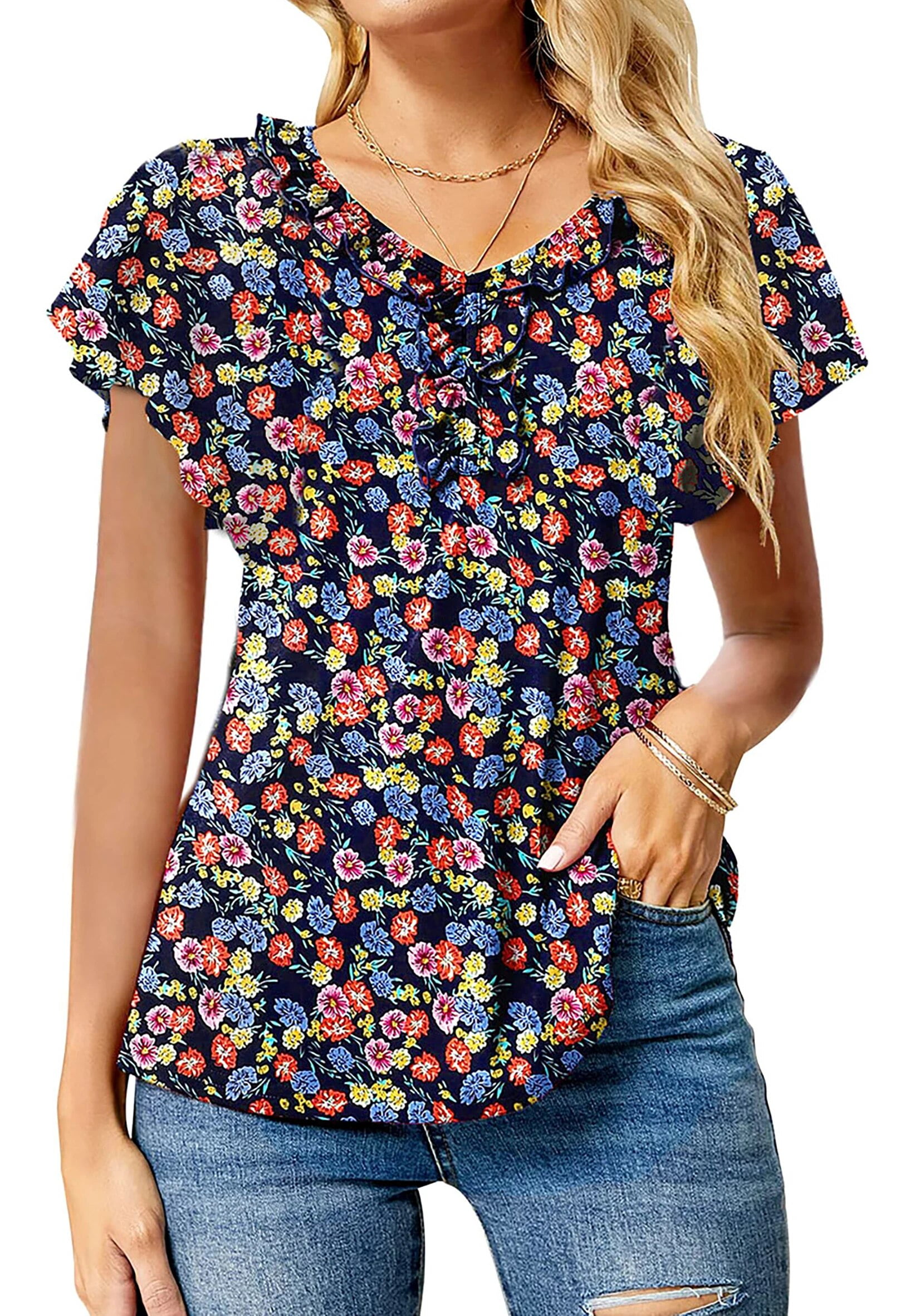 Fantaslook Women's Floral Style Ruffle Short Sleeve Tunic Tops, V Neck ...