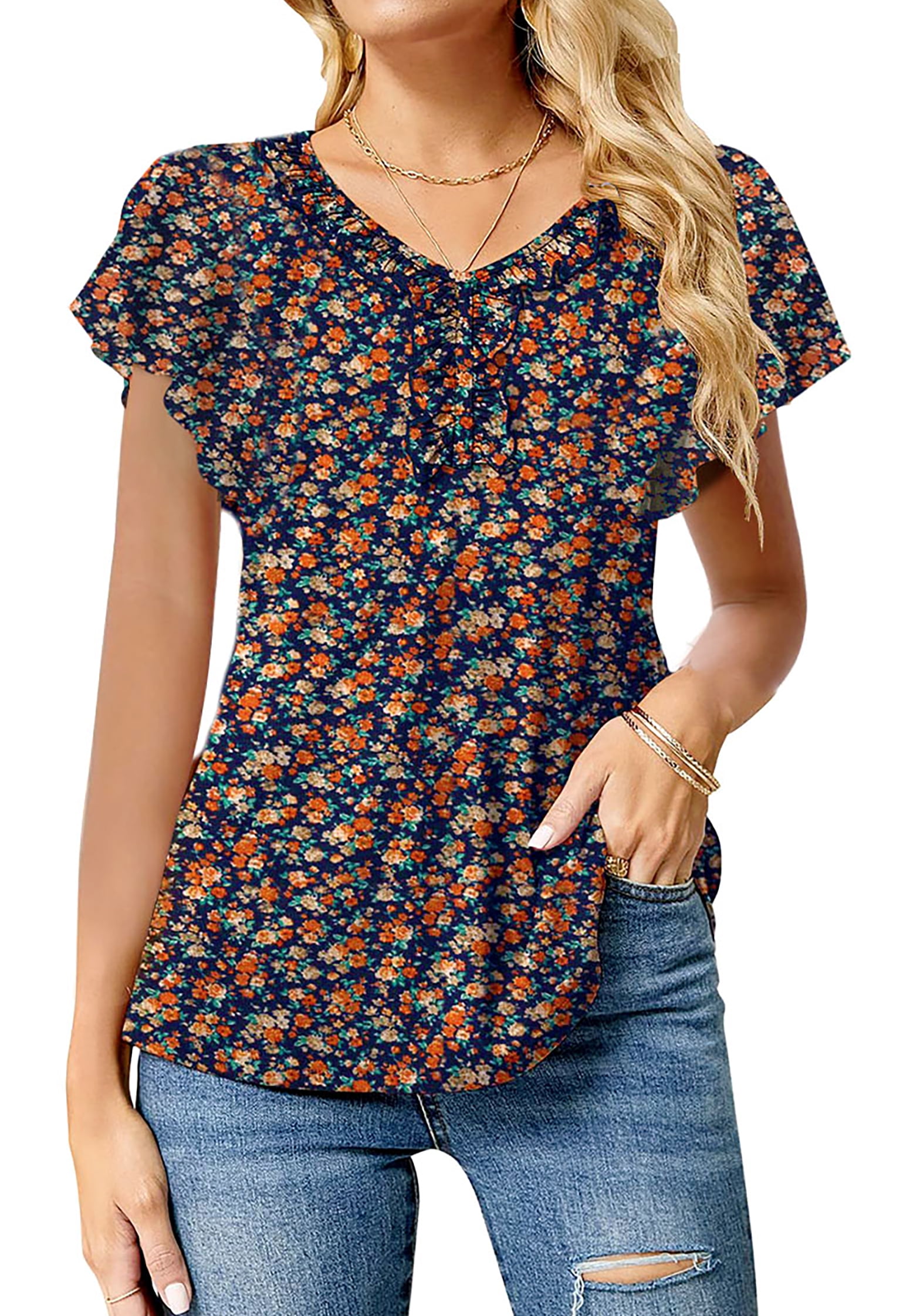 Fantaslook Women's Floral Ruffle Short Sleeve V Neck Tunic Tops, Casual ...
