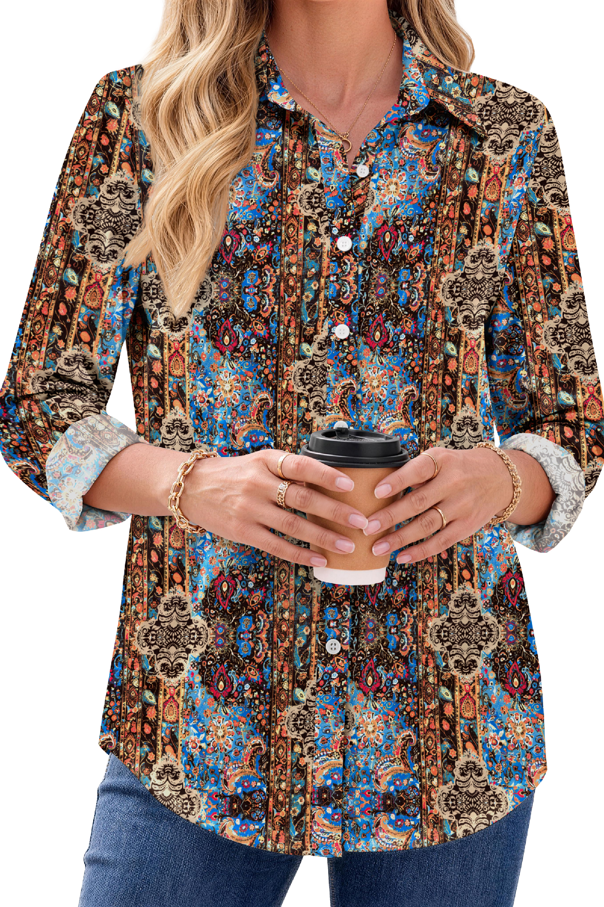 Fantaslook Womens Button Down Shirts Boho Floral Long Sleeve Blouses ...