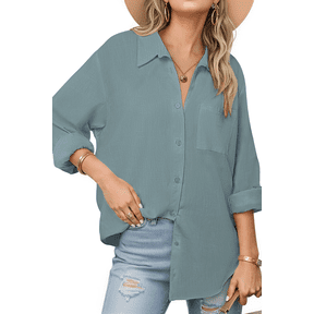 Siliteelon Basic Long Sleeve Button Down Shirts for Women Stretch ...