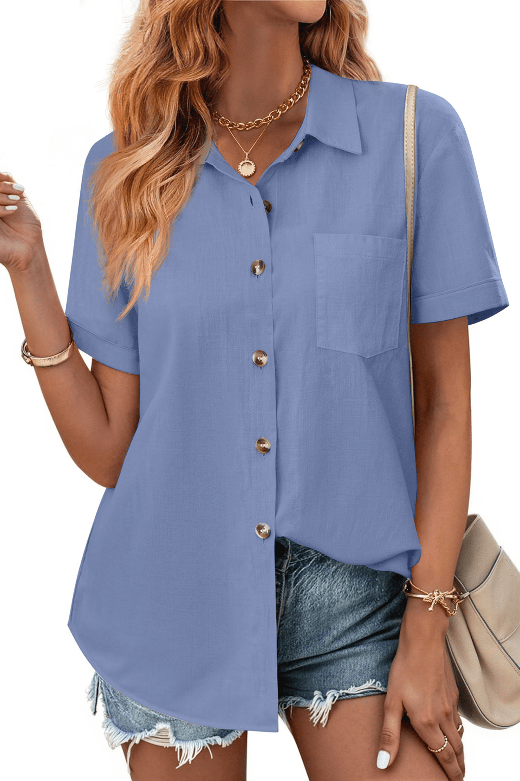 Fantaslook Womens Button Down Shirts Lapel Short Sleeve Shirt Collared ...