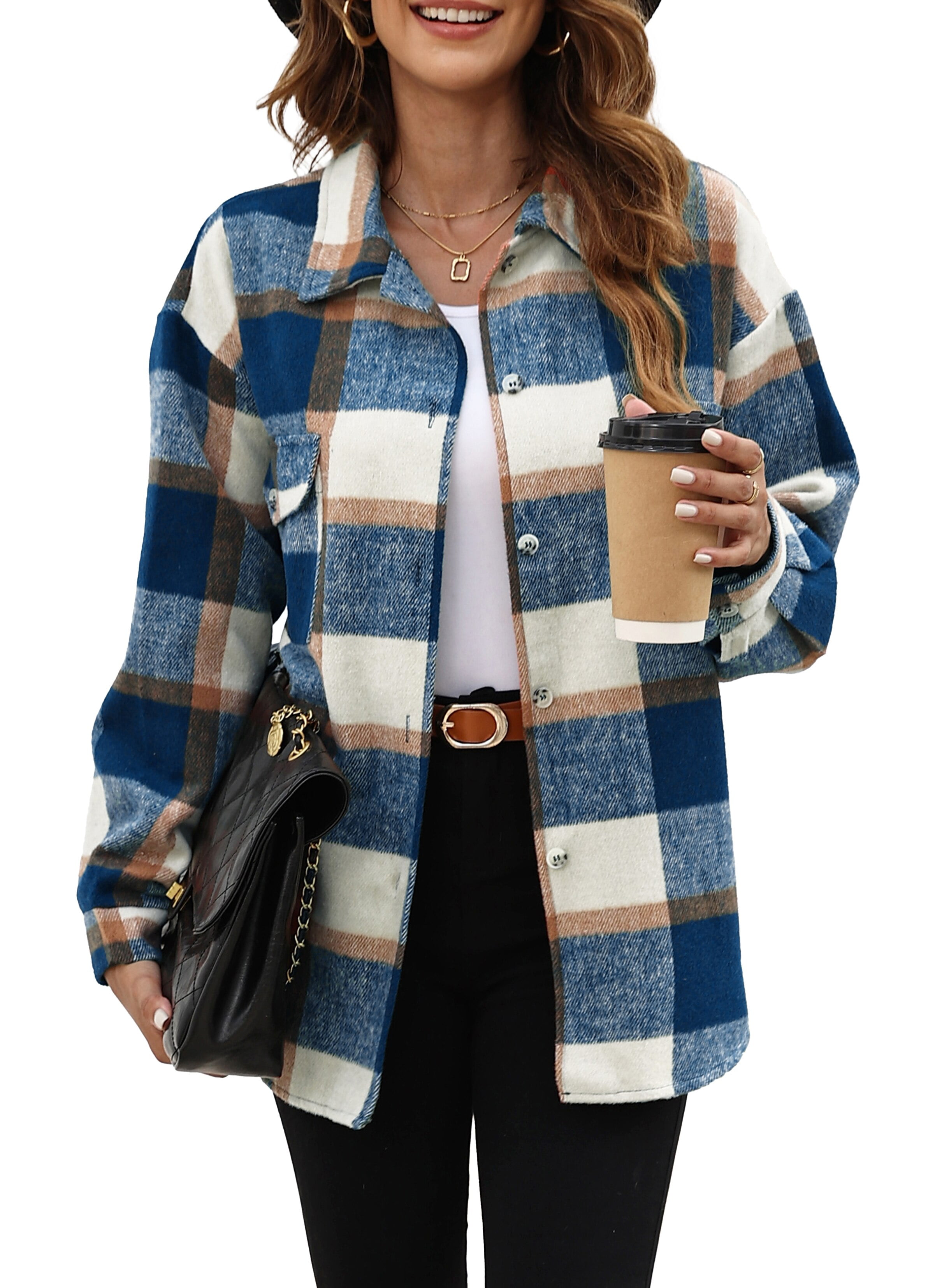 Fantaslook Womens Flannel Shirts Casual Plaid Shacket Jacket Button ...