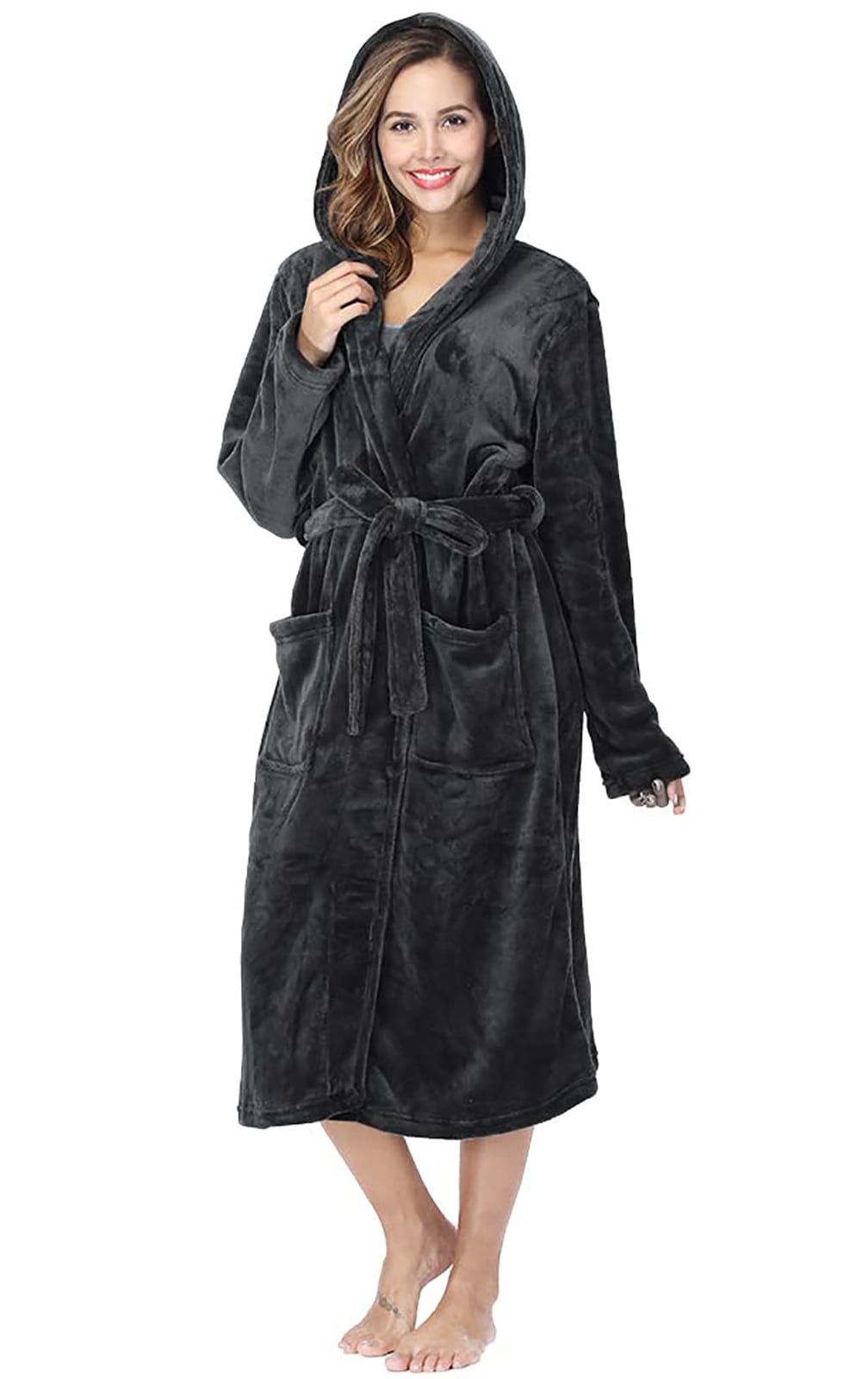 Fantaslook Women's Plush Fleece Hooded Long Robe with Pockets, Fluffy ...