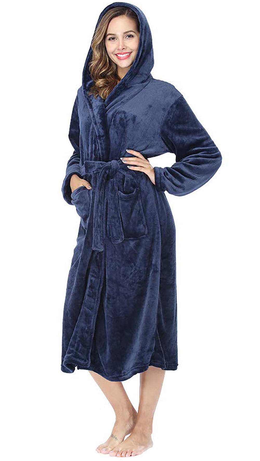 Fantaslook Womens Long Robes Plush Fleece Hooded Bathrobe with Pockets ...