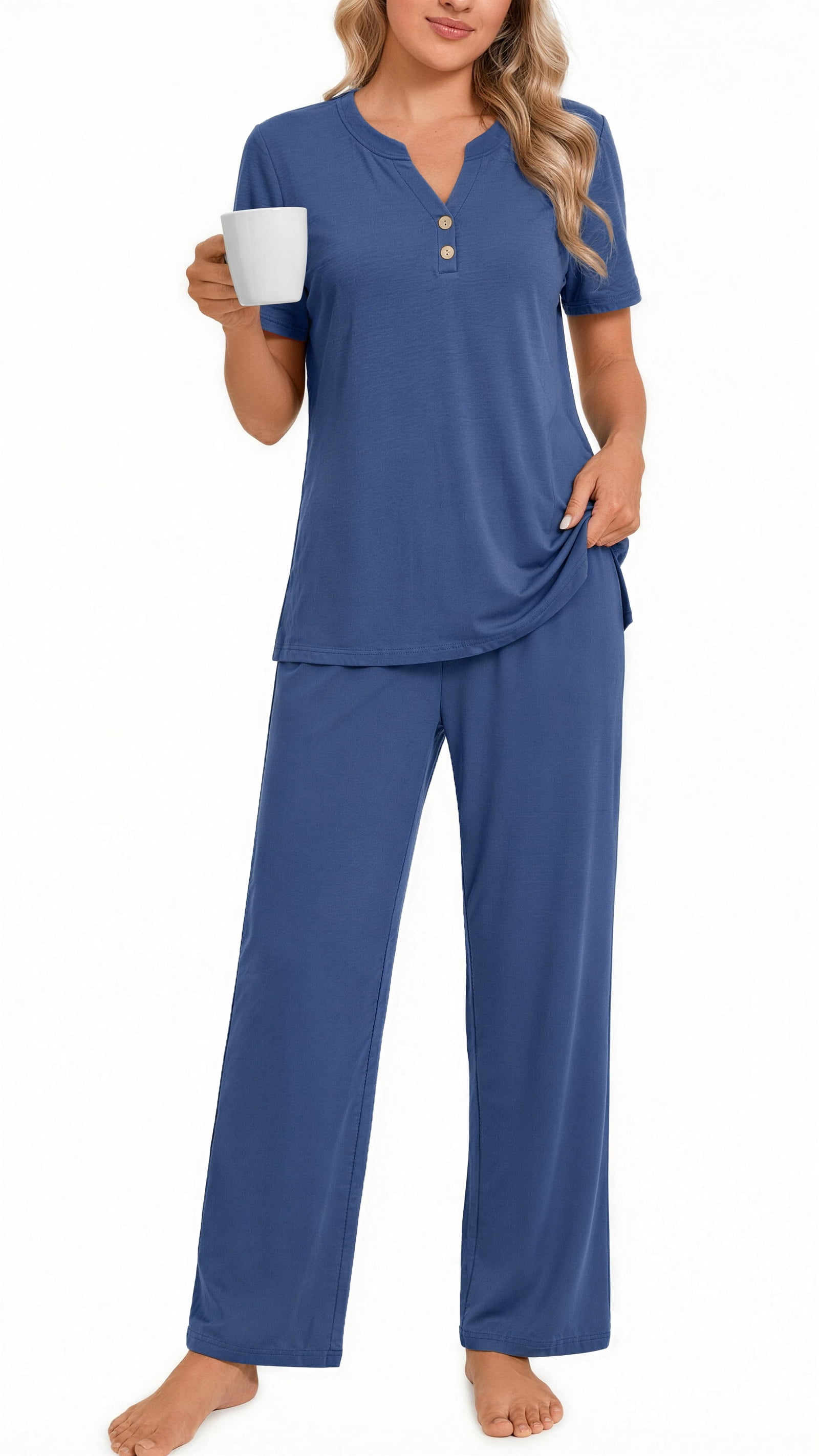 Fantaslook Womens Pajamas Sets V Neck Buttons Short Sleeve Top and Pant ...