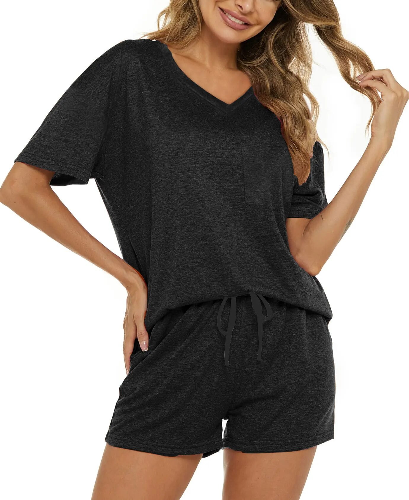 Fantaslook Women's V Neck Pajama Set with Short Sleeve Top, Shorts, and ...