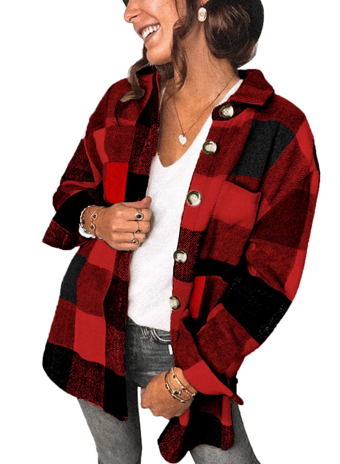 Fantaslook Womens Plaid Shirts Flannel Shacket Jacket Long Sleeve ...