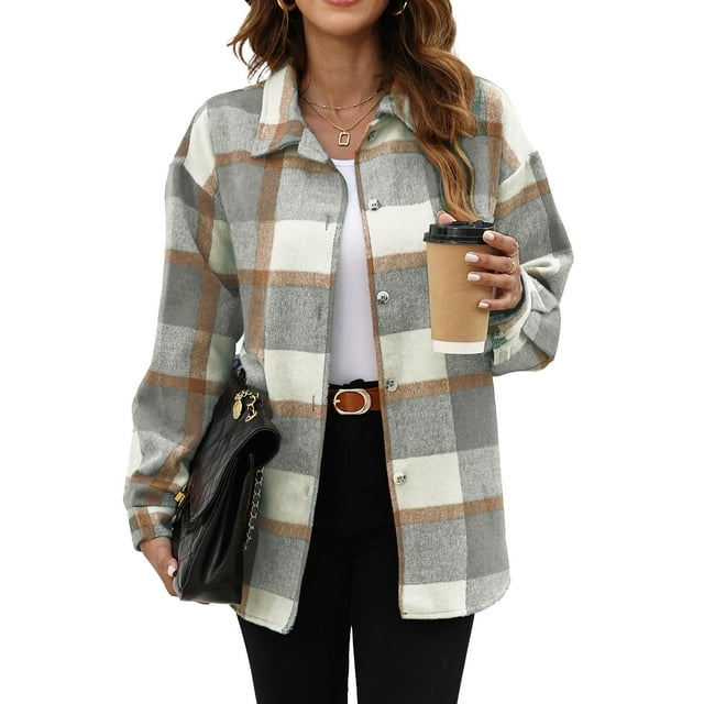 Fantaslook Womens Plaid Shirts Flannel Shacket Jacket Long Sleeve ...