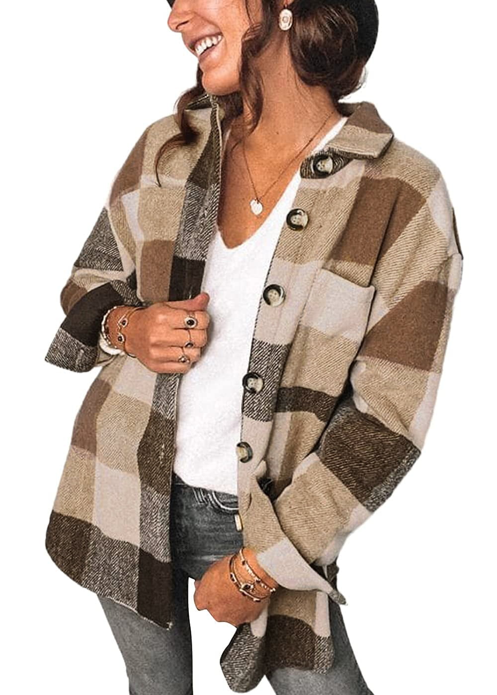 Fantaslook Womens Plaid Shirts Flannel Shacket Jacket Long Sleeve ...