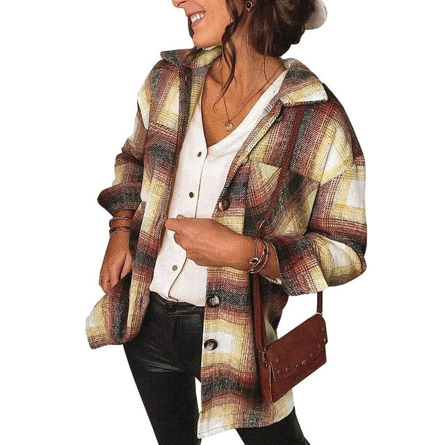 Fantaslook Womens Plaid Shirts Flannel Shacket Jacket Long Sleeve ...