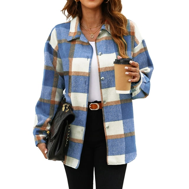Fantaslook Womens Plaid Shirts Flannel Shacket Jacket Long Sleeve ...