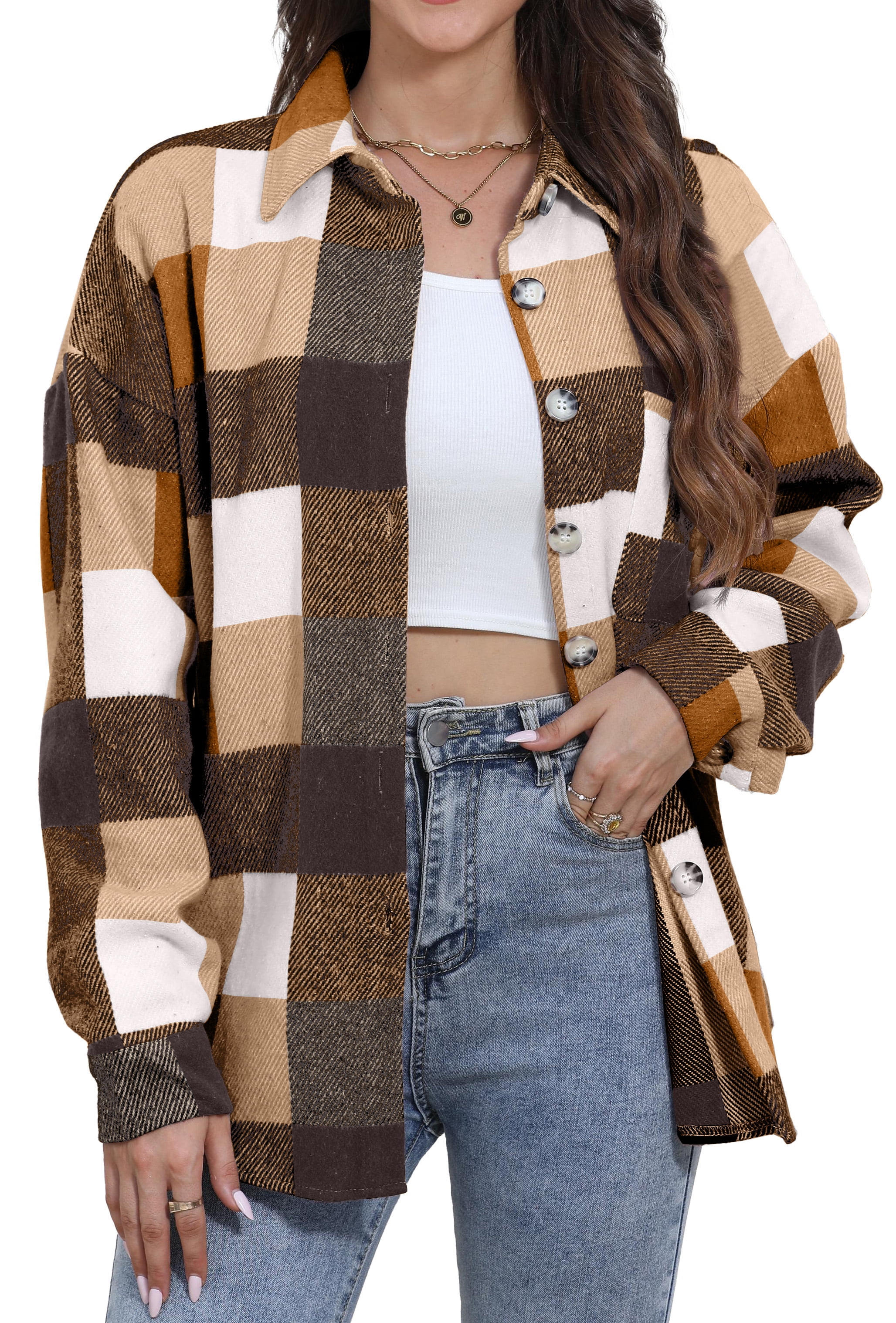 Fantaslook Womens Plaid Shirts Flannel Shacket Jacket Long Sleeve ...