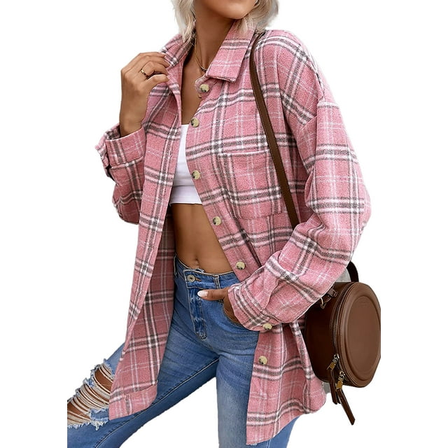 Fantaslook Womens Plaid Shirts Flannel Shacket Jacket Long Sleeve ...