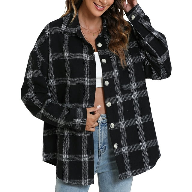 Fantaslook Womens Plaid Shirts Flannel Shacket Jacket Long Sleeve ...
