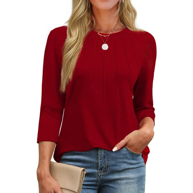 Fantaslook Womens Plus Size Tops 3/4 Sleeve Pleated Dressy Blouses Crew ...