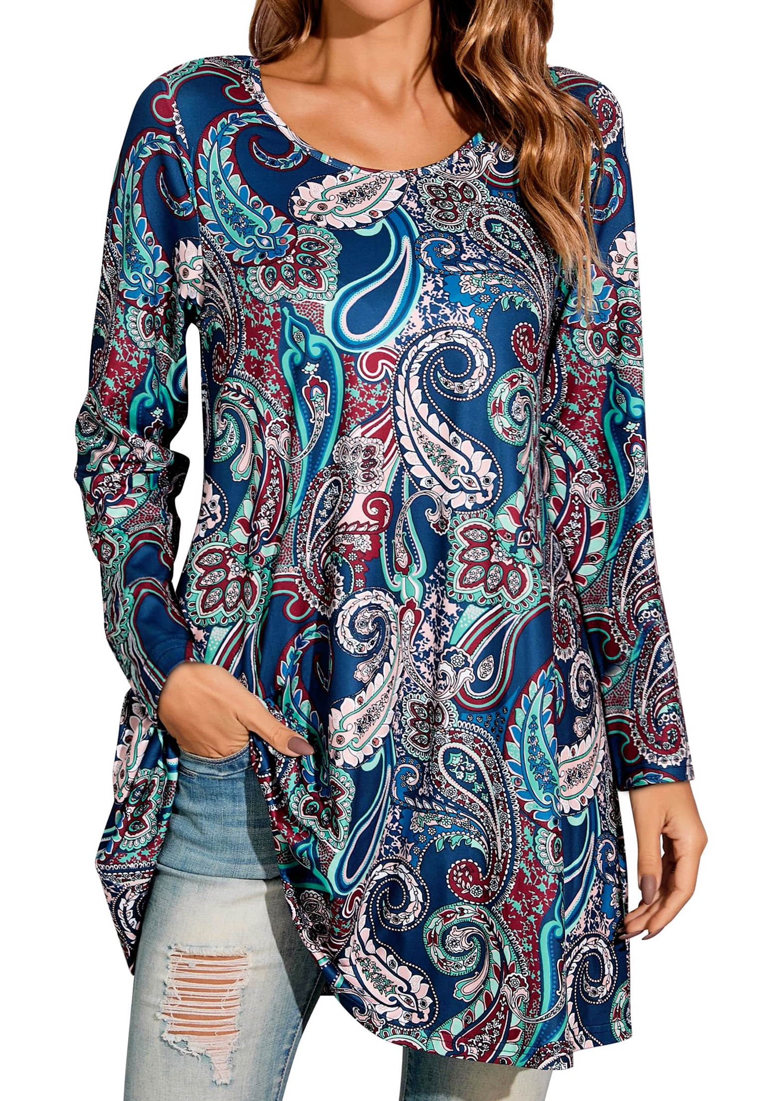 Fantaslook Womens Plus Size Tops, Long Sleeve Casual Floral Tunic ...