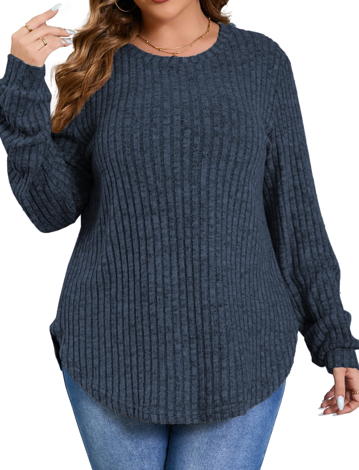 Fantaslook Womens Plus Size Tops Crewneck Long Sleeve Shirts Loose ...