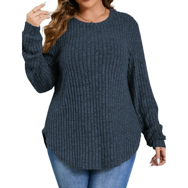 Fantaslook Womens Plus Size Tops Crewneck Long Sleeve Shirts Loose ...
