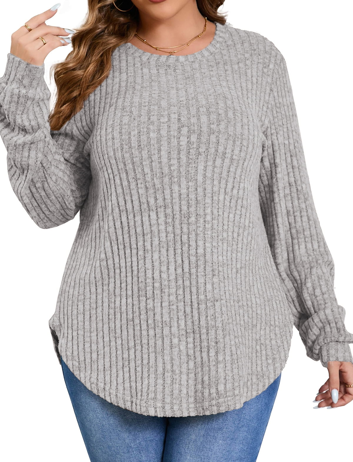 Fantaslook Womens Plus Size Tops Crewneck Long Sleeve Shirts Loose ...