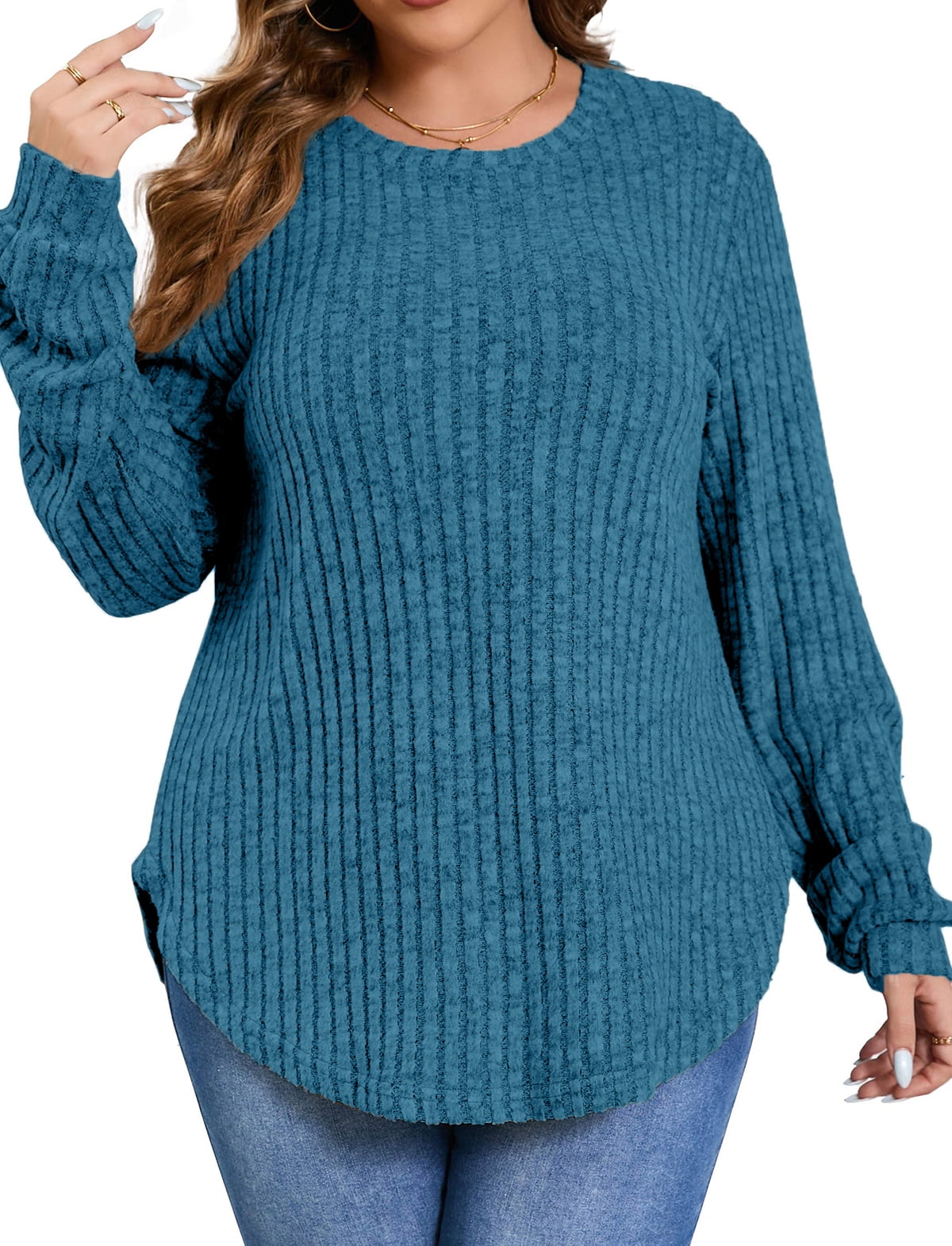 Fantaslook Womens Plus Size Tops Crewneck Long Sleeve Shirts Loose Tunic Tops Curved Hem Fall ...