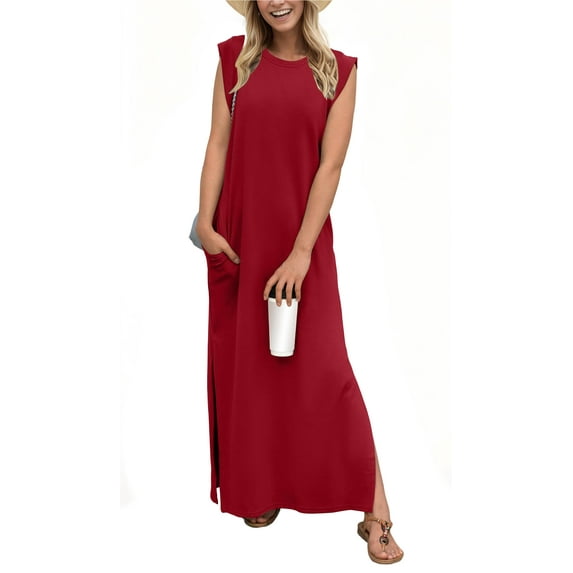 Fantaslook Womens Summer Maxi Dress Round Neck Sleeveless Sundress ...