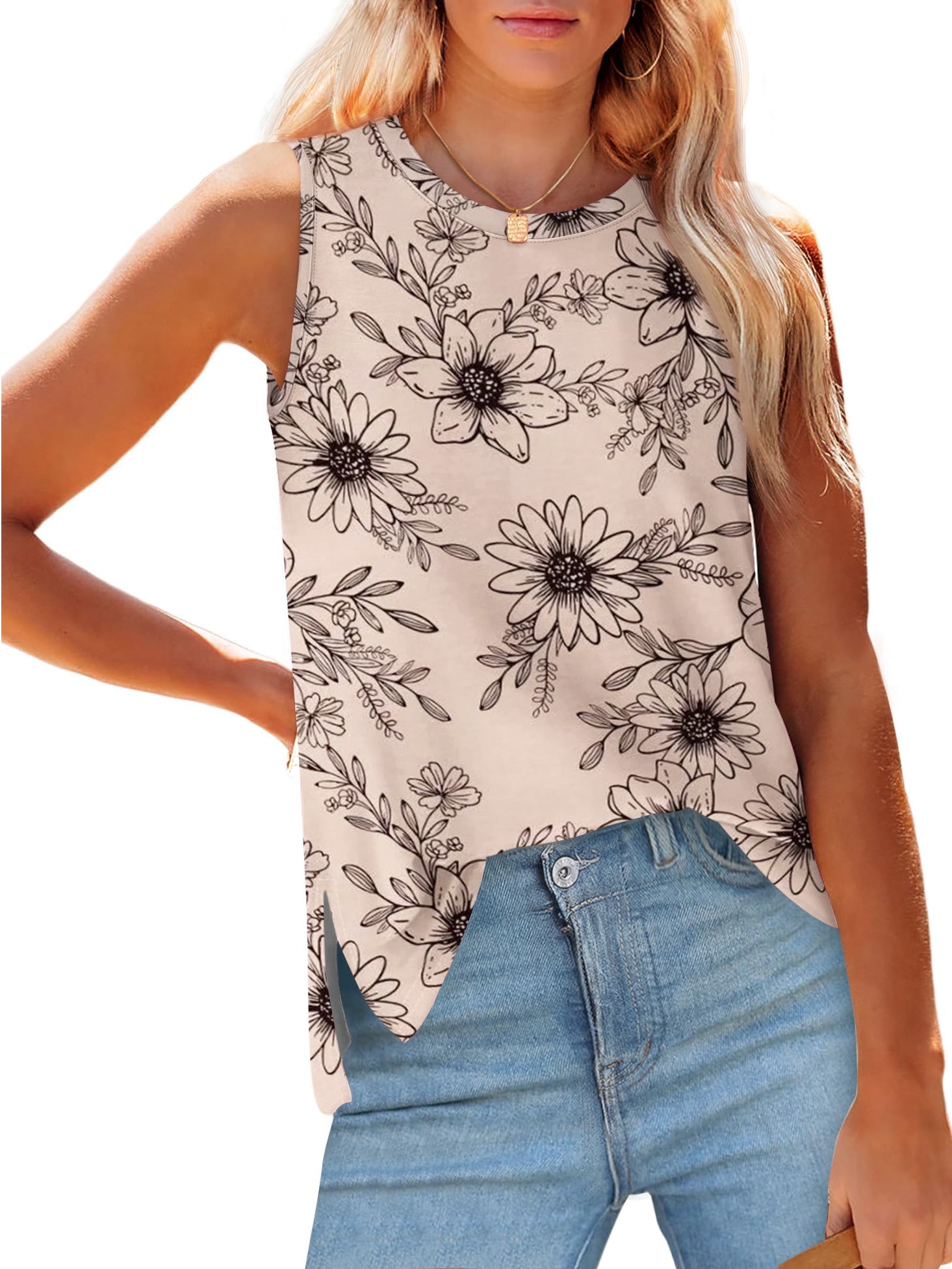 Fantaslook Womens Tank Tops Crewneck Casual Summer Side Split ...