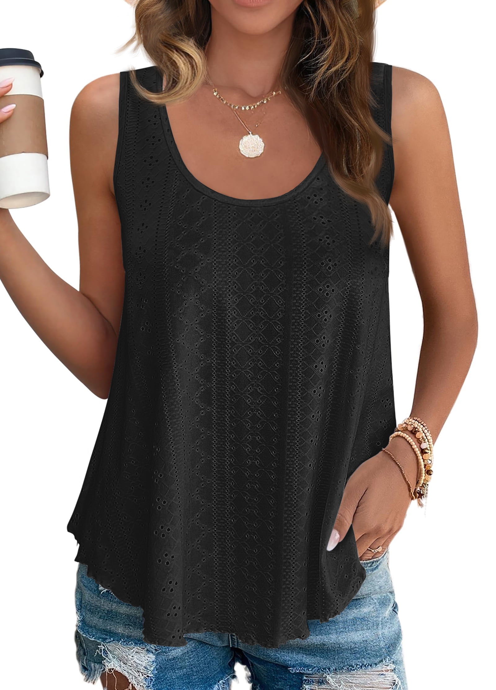 Fantaslook Womens Tank Tops Eyelet Crew Neck Sleeveless Tops Dressy Casual Flowy Summer Shirts ...