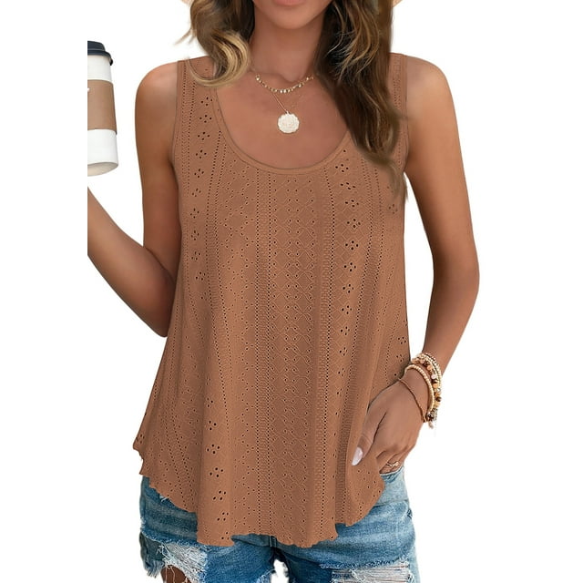 Fantaslook Womens Tank Tops Eyelet Crew Neck Sleeveless Tops Dressy Casual Flowy Summer Shirts ...