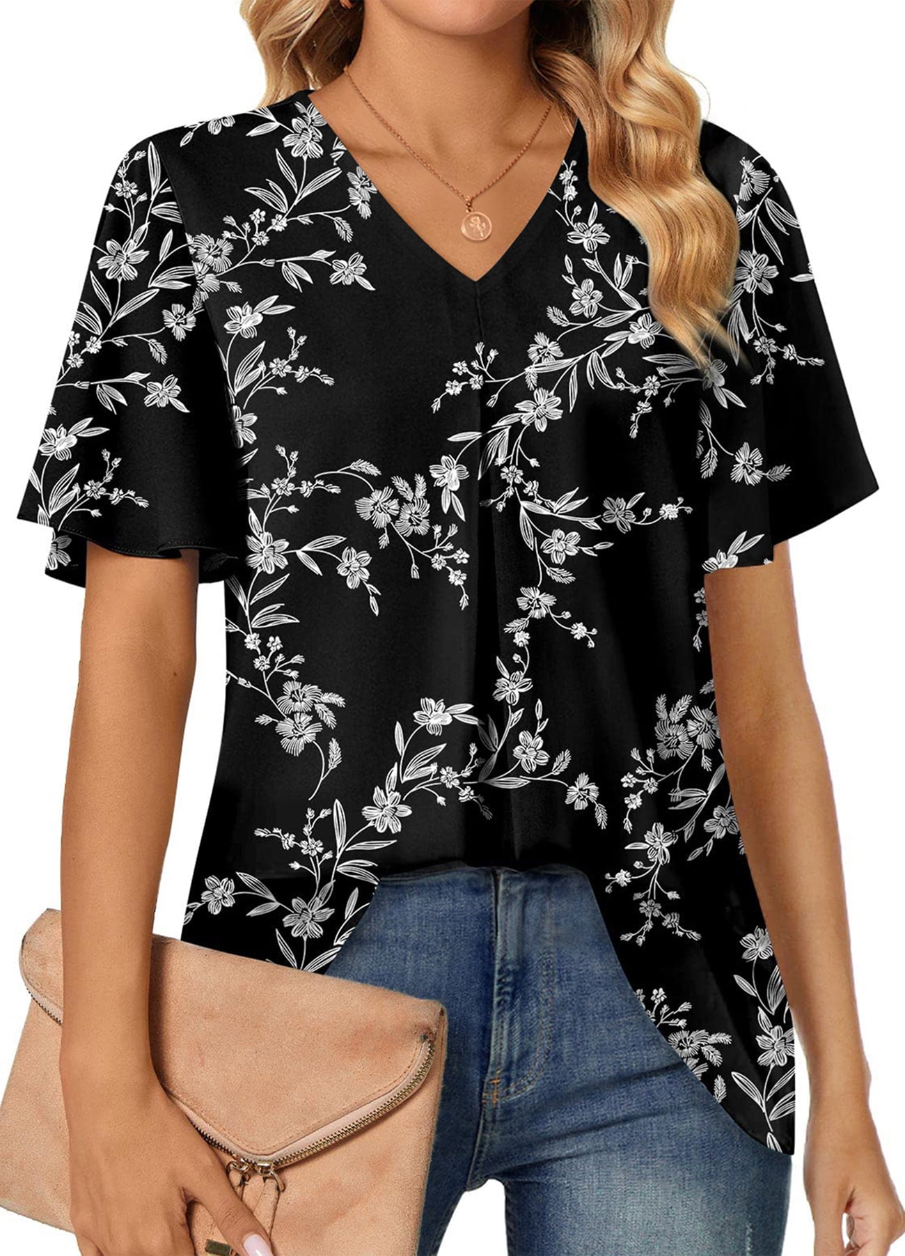 Fantaslook Women's V-Neck Dressy Blouses - Short Flutter Sleeves ...