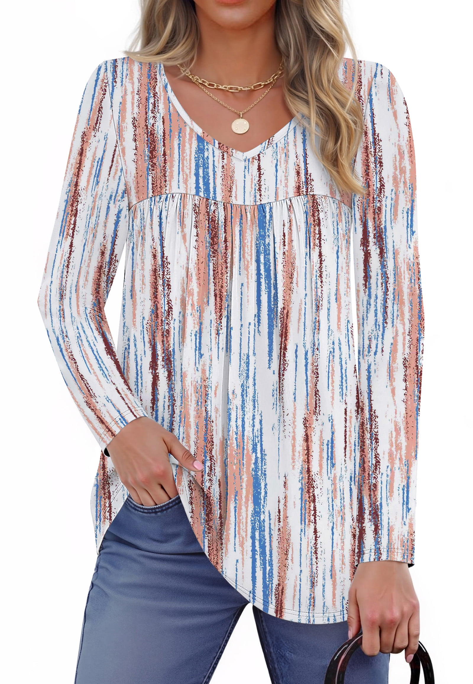 Fantaslook Womens Tops Dressy Casual Pleated Blouses V Neck Long Sleeve ...