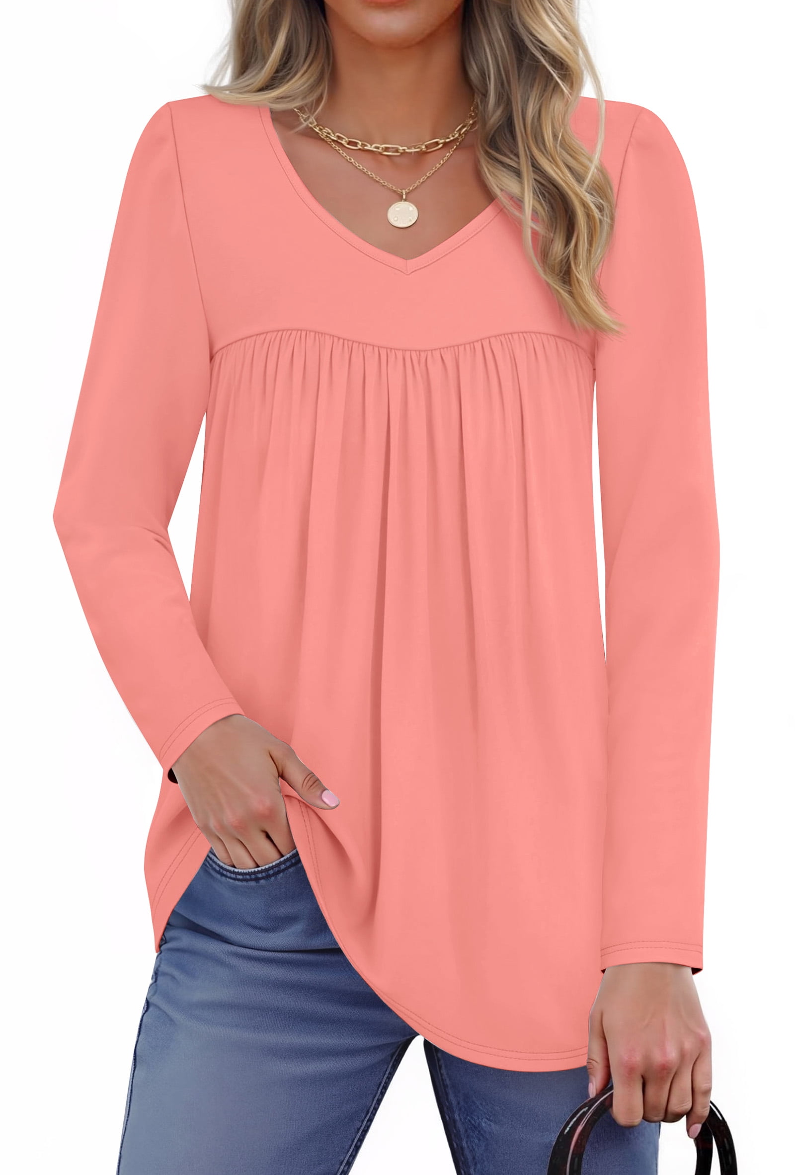 Fantaslook Womens Tops Dressy Casual Pleated Blouses V Neck Long Sleeve ...