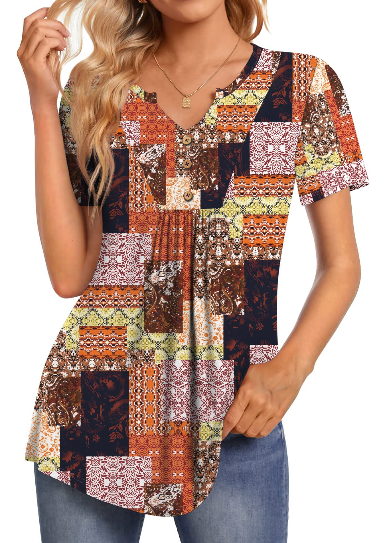 Fantaslook Womens Tunic Tops, Short Sleeve Shirts, V Neck Pleated ...