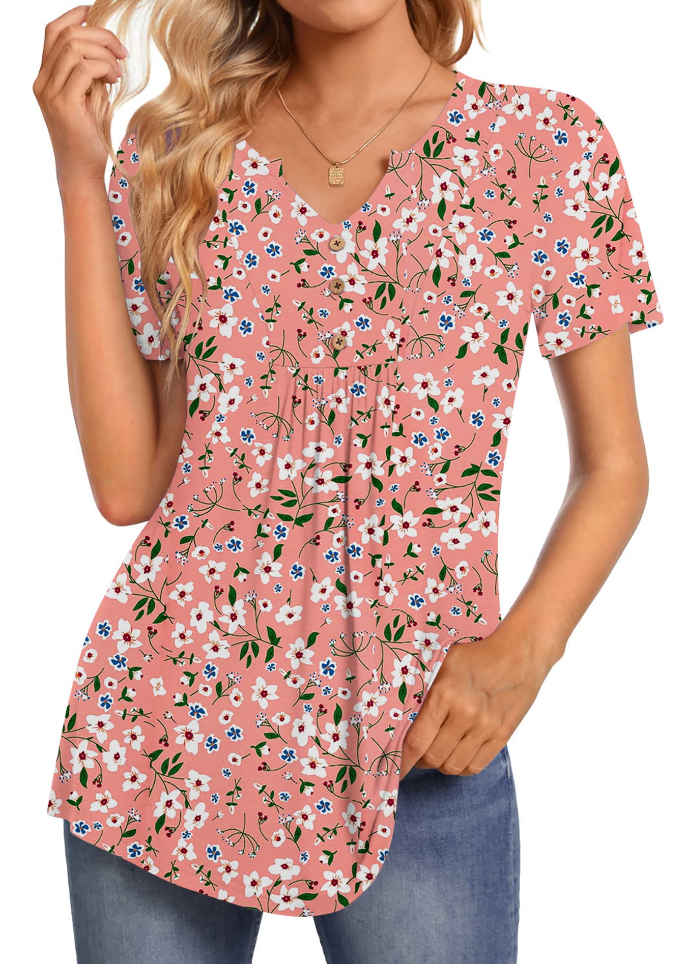 Fantaslook Women's Flattering Flowery Tunic Top, Short Sleeve, V-Neck ...