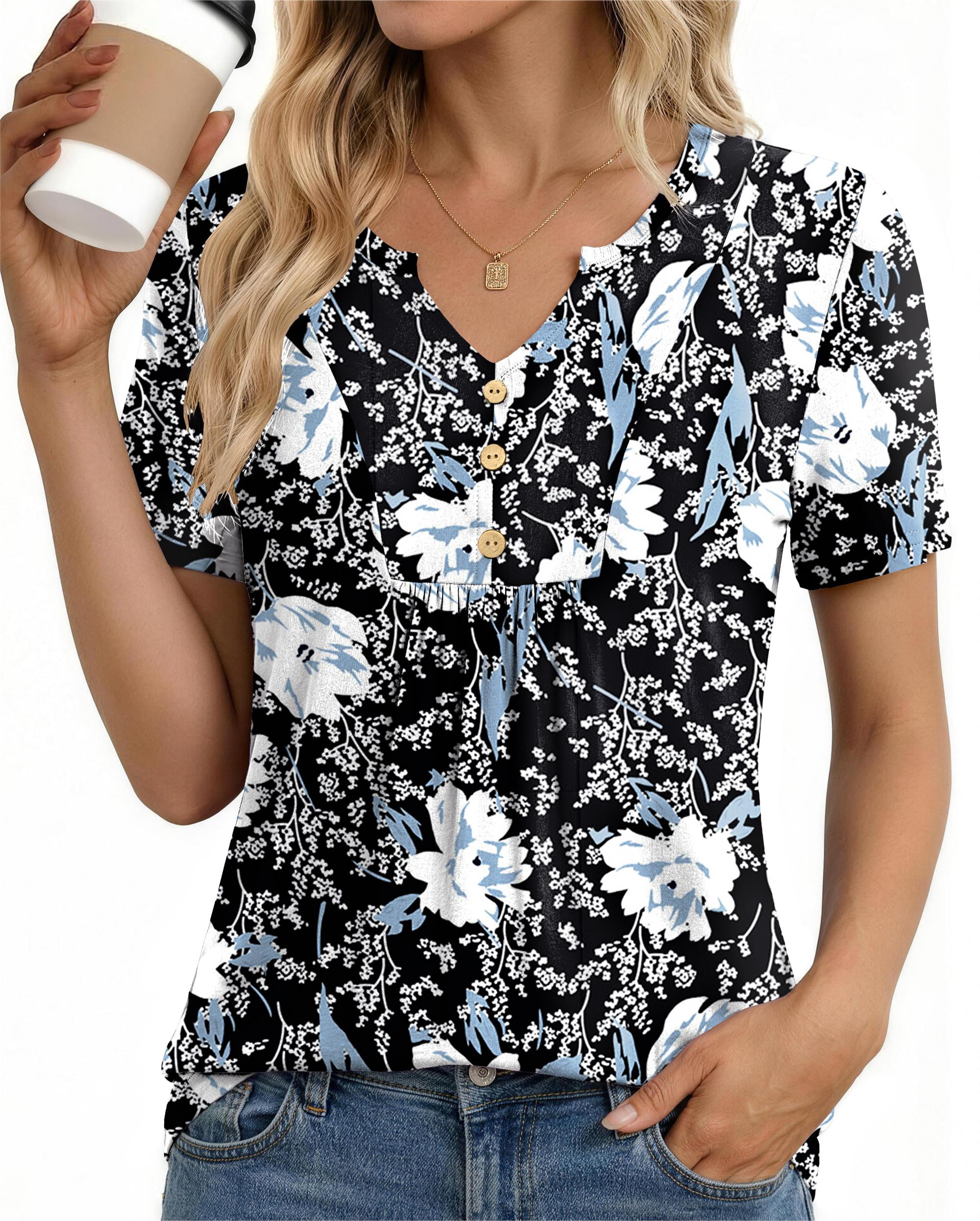 Fantaslook Womens Tunic Tops Casual Short Sleeve Shirts V Neck Button ...