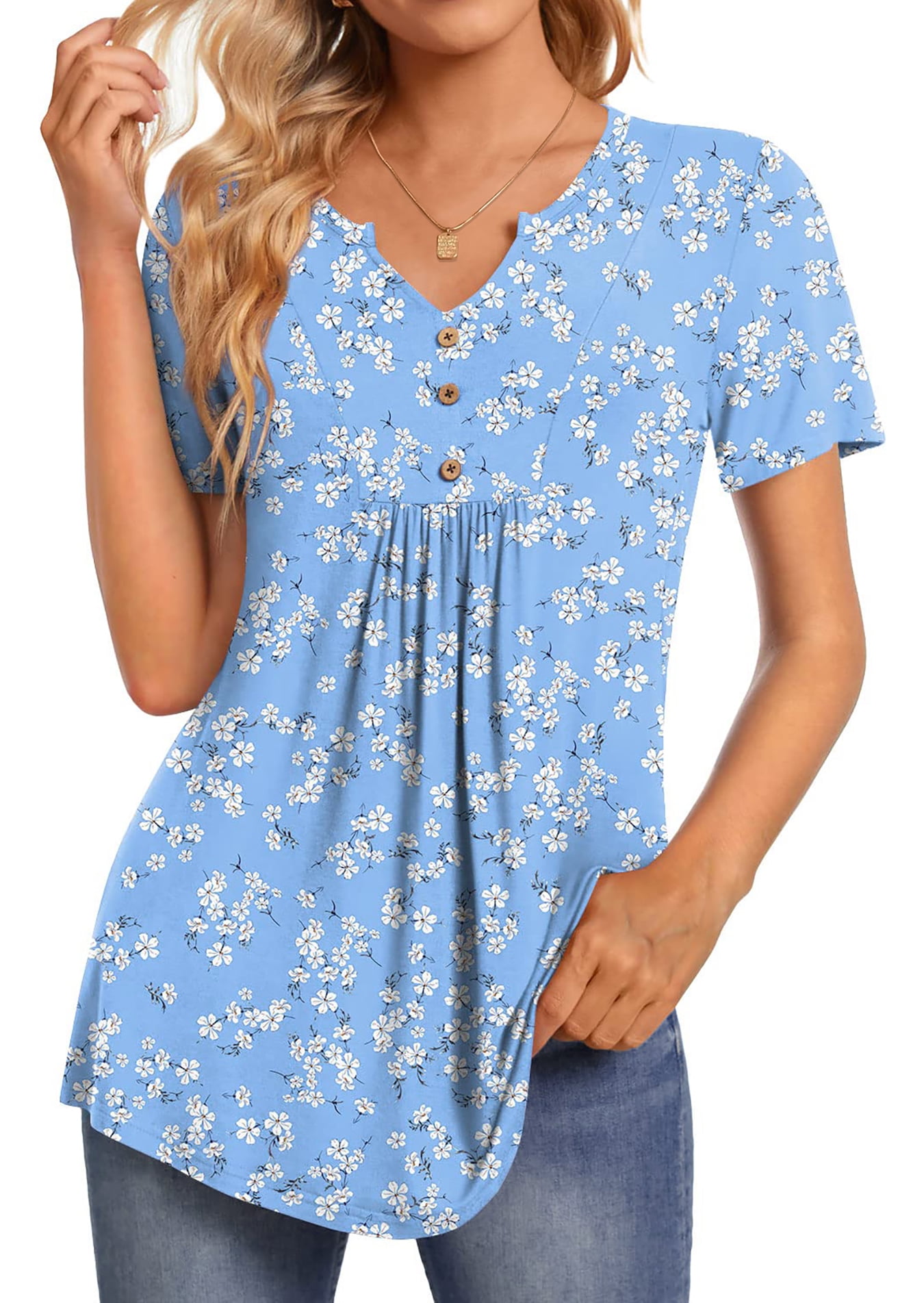 Fantaslook Womens Tunic Blouses, Floral Summer Shirts, Pleated V Neck ...