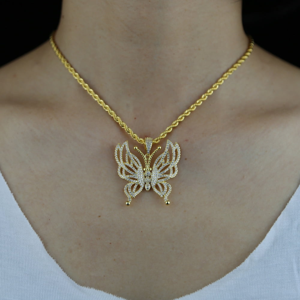 Fantastic Crystal Golden Color Butterfly 14K Yellow Gold Necklace For ...