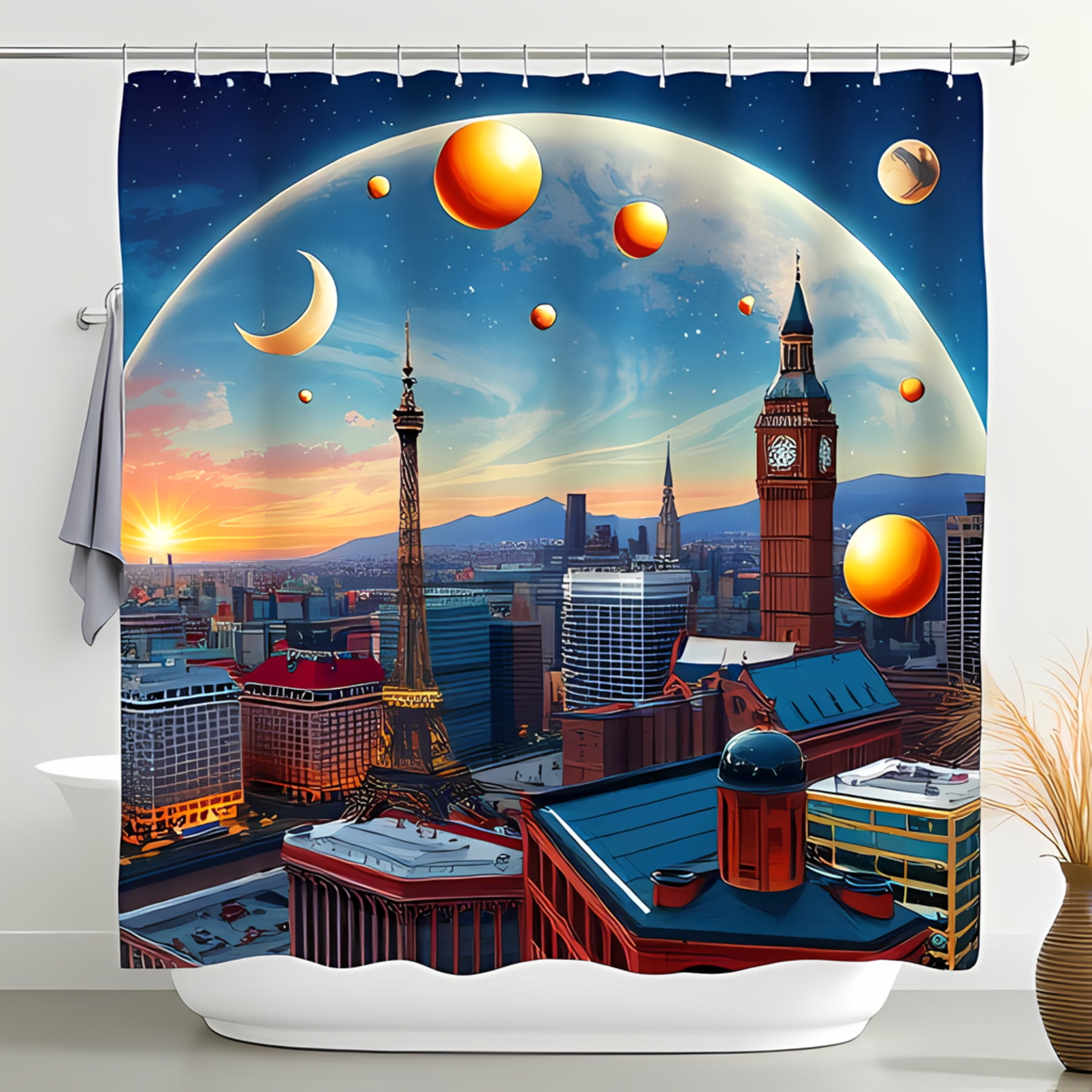 Fantastical Cityscape Shower Curtain - Sphere Design with Iconic ...
