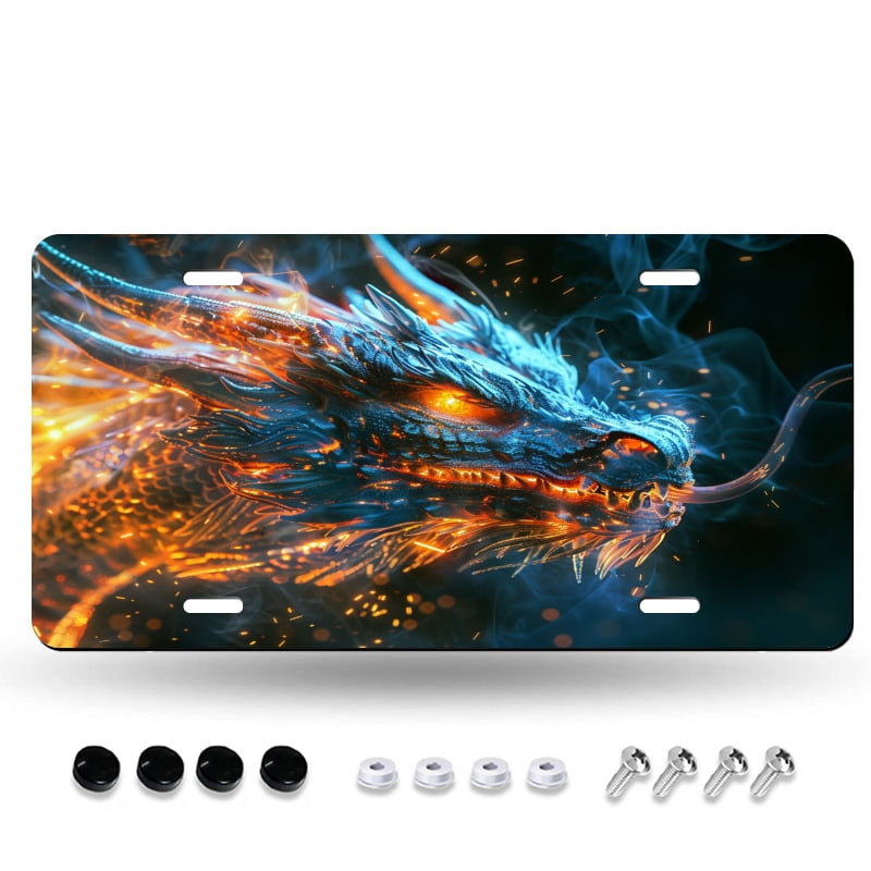 Fantastical Dragon Composed of Blue and Orange Light License Plate ...