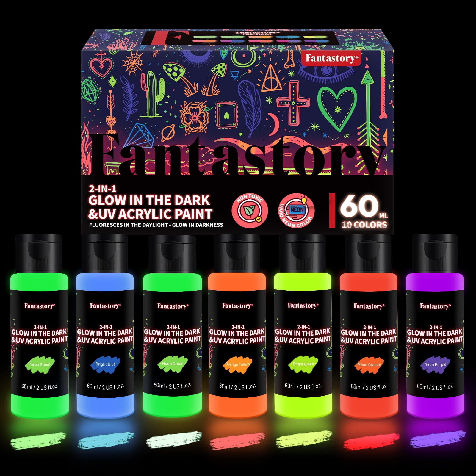 Fantastory 60ml/2oz Neon Glow in the Dark Paint, 10 Tubes Fluorescent ...