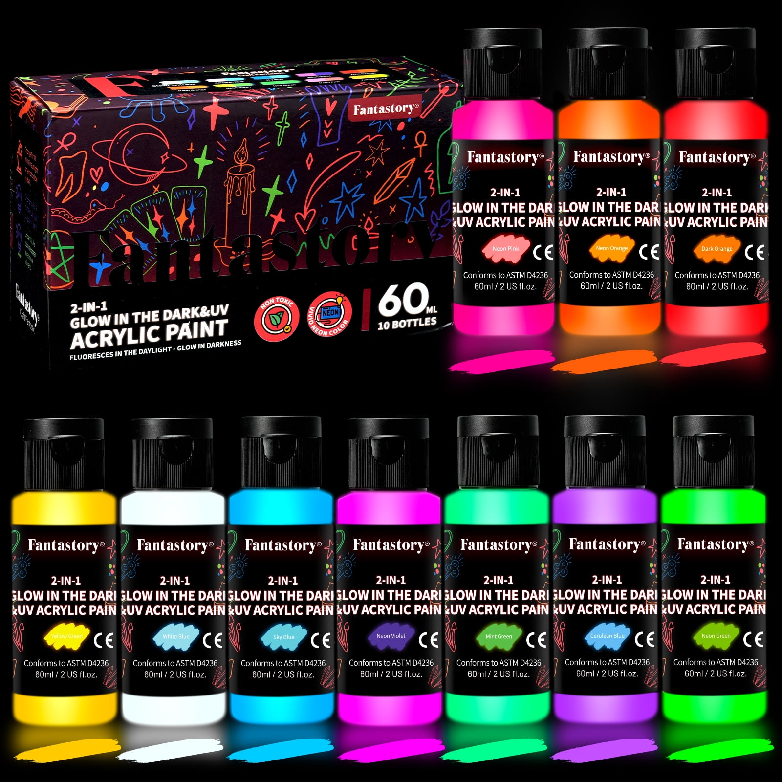 Fantastory Neon Glow UV Paint, 60ml/2oz, 10 Tubes Fluorescent Acrylic ...