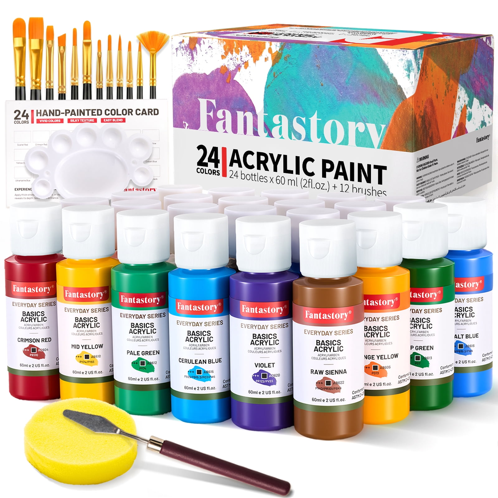 Fantastory Acrylic Paint Set 24 Colors 2oz with 12 Brushes for Craft ...