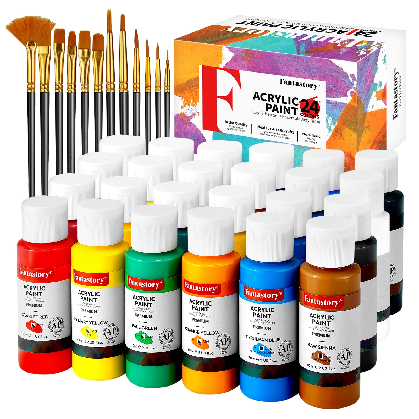 Fantastory Acrylic Paint Set, 2oz 24 Colors Acrylic Craft Paint with 12 ...