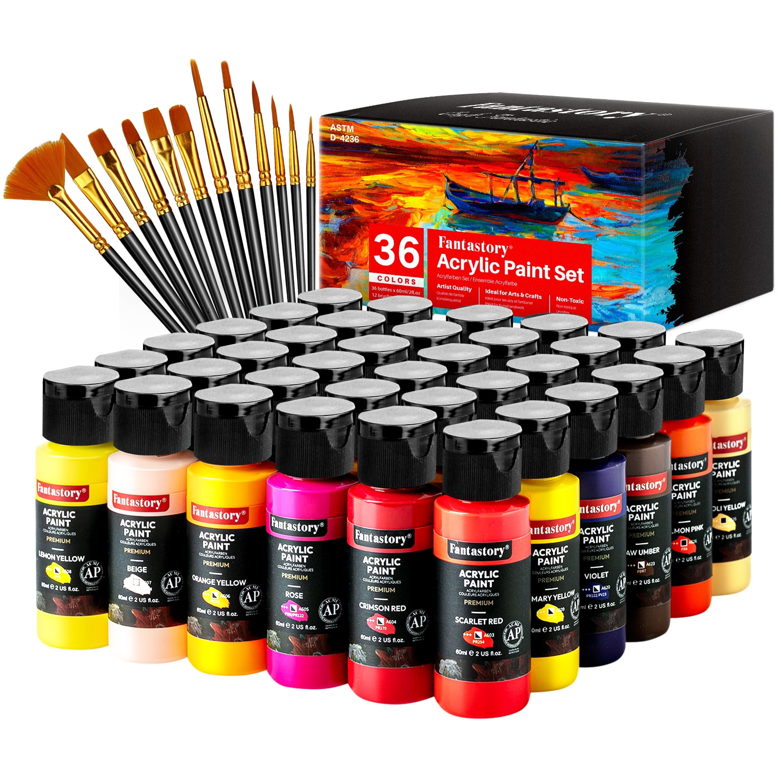 Fantastory Acrylic Paint Set 36 Colors(2oz/60ml) w/ 12 Brushes, Pro ...