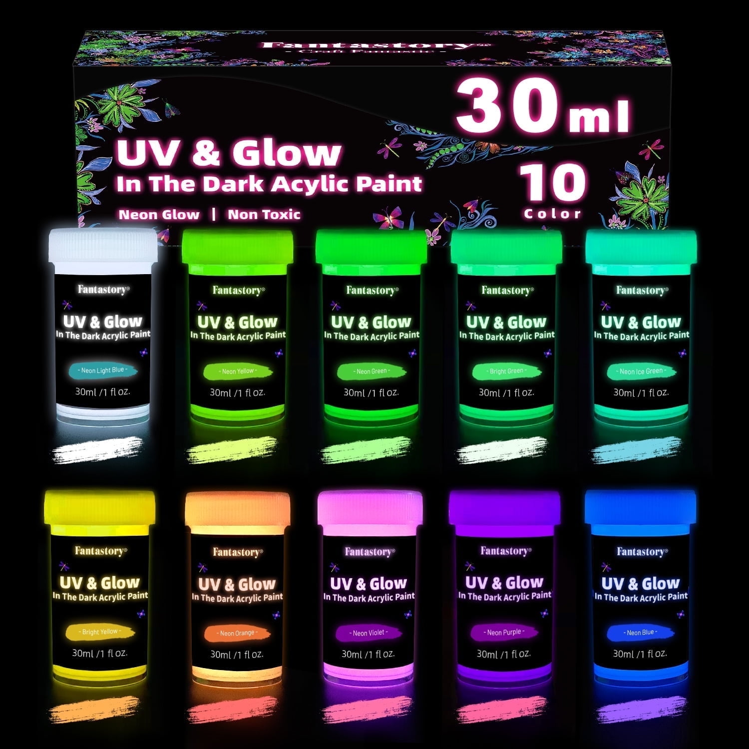 Fantastory Glow in The Dark Paint Set 10 Bright Neon Colors 30ml for ...