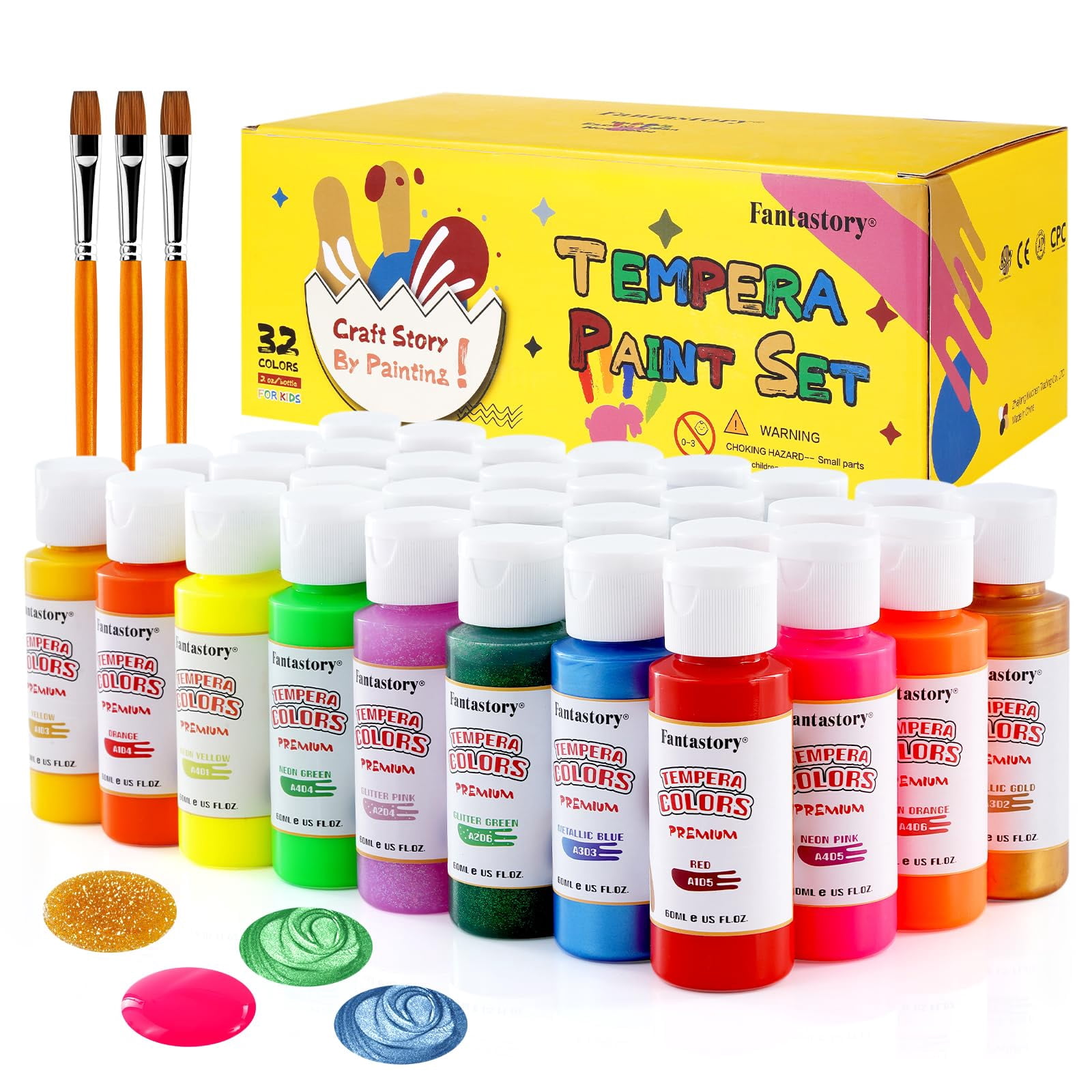 Fantastory Tempera Paint Set - 32 Colors (2 oz/60ml Each) Washable Kids ...